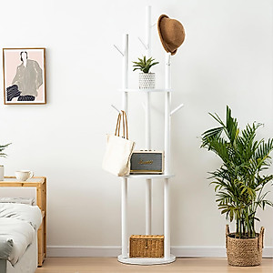 XIDIHF Freestanding Coat Rack with 9 Hooks & 3 Storage Shelves, Wooden Hat Rack Stand for Entryway, Hallway & Bedroom – Ideal for Hanging Clothes, Hats, Bags, Keys, White