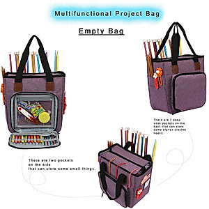 LOOEN Yarn Knitting Storage Tote-Large Capacity Crochet Organizer Portable Travel Bag with Shoulder Strap Crochet Hooks Case for Unfinished Bulk Project Purple