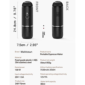 Portable Espresso Coffee Maker Electric Expresso Maker Self Heating Battery Powered, 19 Bar Pressure, Coffee Machine with Ground Coffee & NS Capsule for Travel, Camping, RV, Hiking, Office (Black)