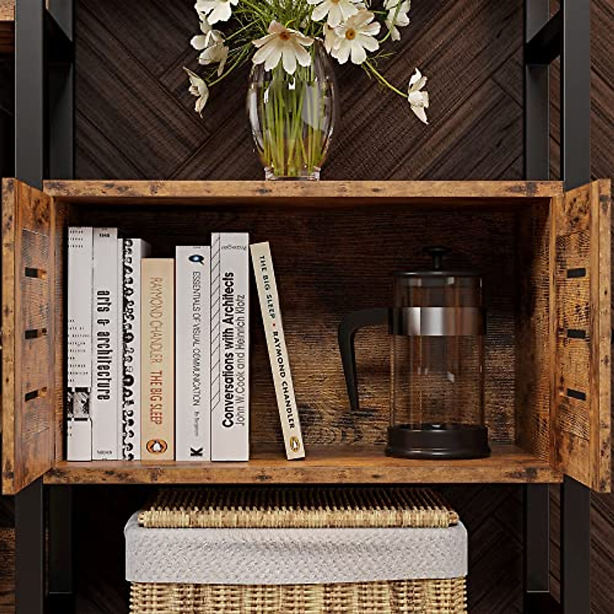 IRONCK Industrial Bookshelf and Bookcase with 2 Louvered Doors 5 Tiers Triple Wide Display Shelf with Storage Cabinet for Living Room Home Office