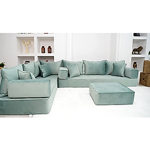 8" Thickness Water Green L Shaped Floor Seating, Moroccan Livingroom Home Decor, Velvet Floor Pillow, Sofa Bed, Corner Arabic Seating (L Sofa + Ottoman)