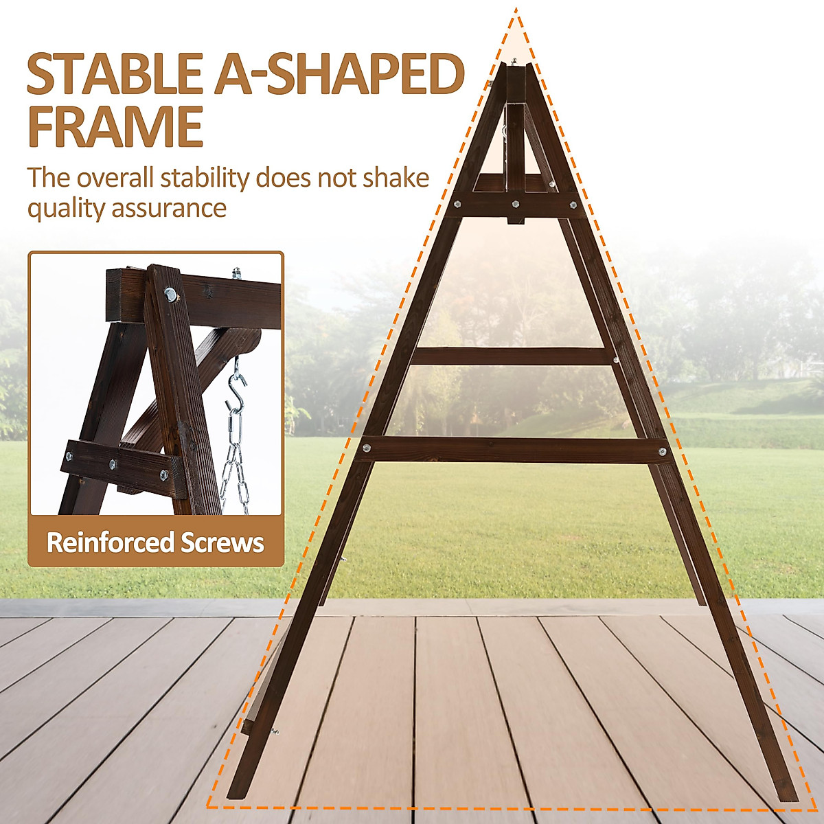 Finnhomy Outdoor 880 LBS Porch Swing Frame, Stable A-Frame Wooden Swing Stand with Extra Bottom Connection Board, Freestanding Porch Swing Frame Only, for Porch Patio Garden Backyard (Frame Only,5 FT)