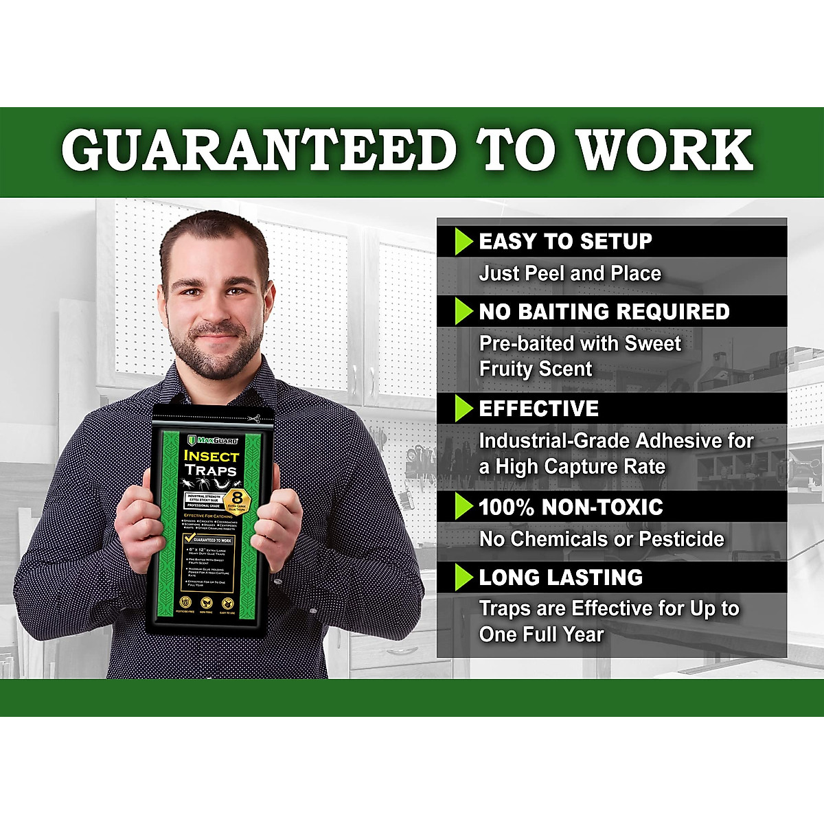 MaxGuard Extra Large Insect Traps (8 Traps) | Non-Toxic Extra Sticky Pre-Baited Glue Board, Trap & Kill Most Crawling Insects, Bugs, Spiders, Crickets, Scorpions, Cockroaches, Centipedes, Snakes.