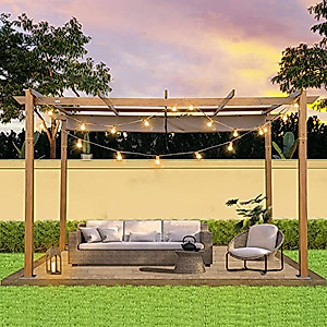 Domi 10' x 13' Outdoor Retractable Pergola, Gazebo Modern Grape Trellis Pergola with Sun Shade Canopy, Patio Aluminum Shelter for Garden Porch Beach Yard with Natural Wood Grain Frame