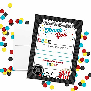 Bold Movie Night Birthday Thank You Notes, Ten 4" x 5.5" Fill In The Blank Cards with 10 White Envelopes by AmandaCreation