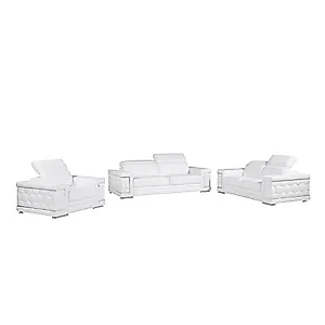 Blackjack Furniture Soren 3 Piece Leather Upholstered Adjustable Headrests, Solid Brazilian Wood Frame and High Density Foam Cushioning, Sofa and Loveseat, White