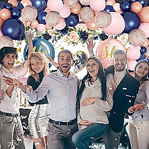 Gender Reveal Decorations Navy Blue and Blush Gender Reveal Backdrop ,He or She Gender Reveal Tablecloth, Navy Blue and Rose Gold Gender Reveal Balloons Garland Kit for Baby Shower Party Supplies