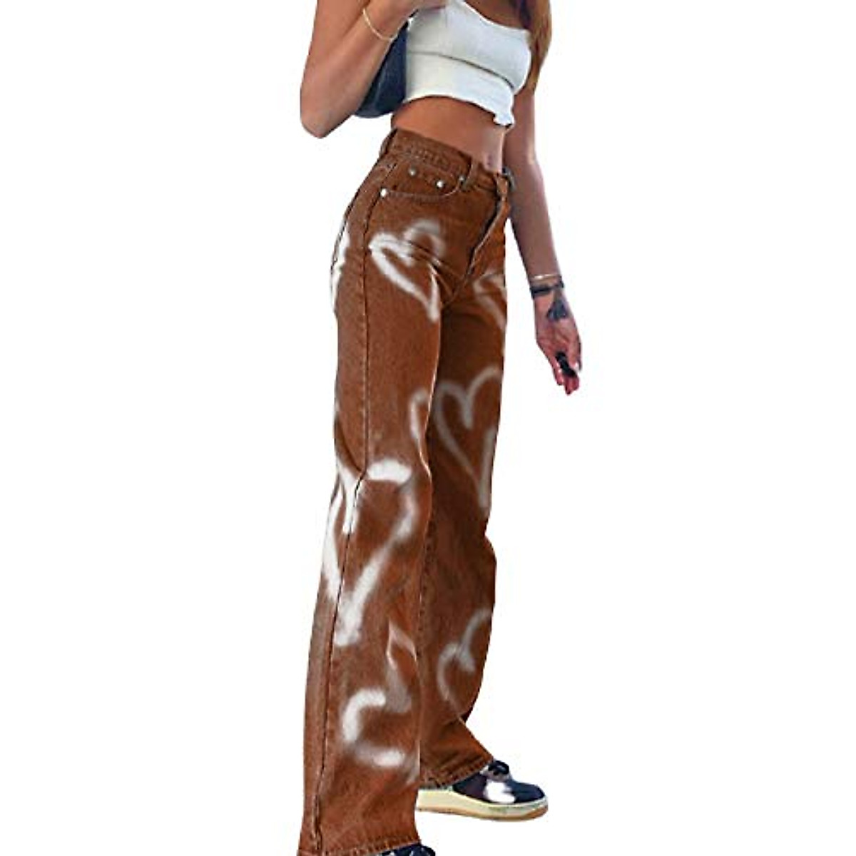 N/ D Women's Patchwork Pants Hight Waist Distressed Straight Wide Leg Denim Jeans Fashion Pencil Trousers (Brown Heart, S)