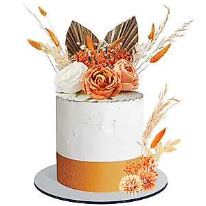 28 Pcs Boho Cake Topper Decorations Vintage Artificial Rose Flowers Leaves for Cake Decorating Kit Dried Faux Flower Decor for Bohemian Wedding Bridal Baby Shower Birthday Party Supplies (Orange)