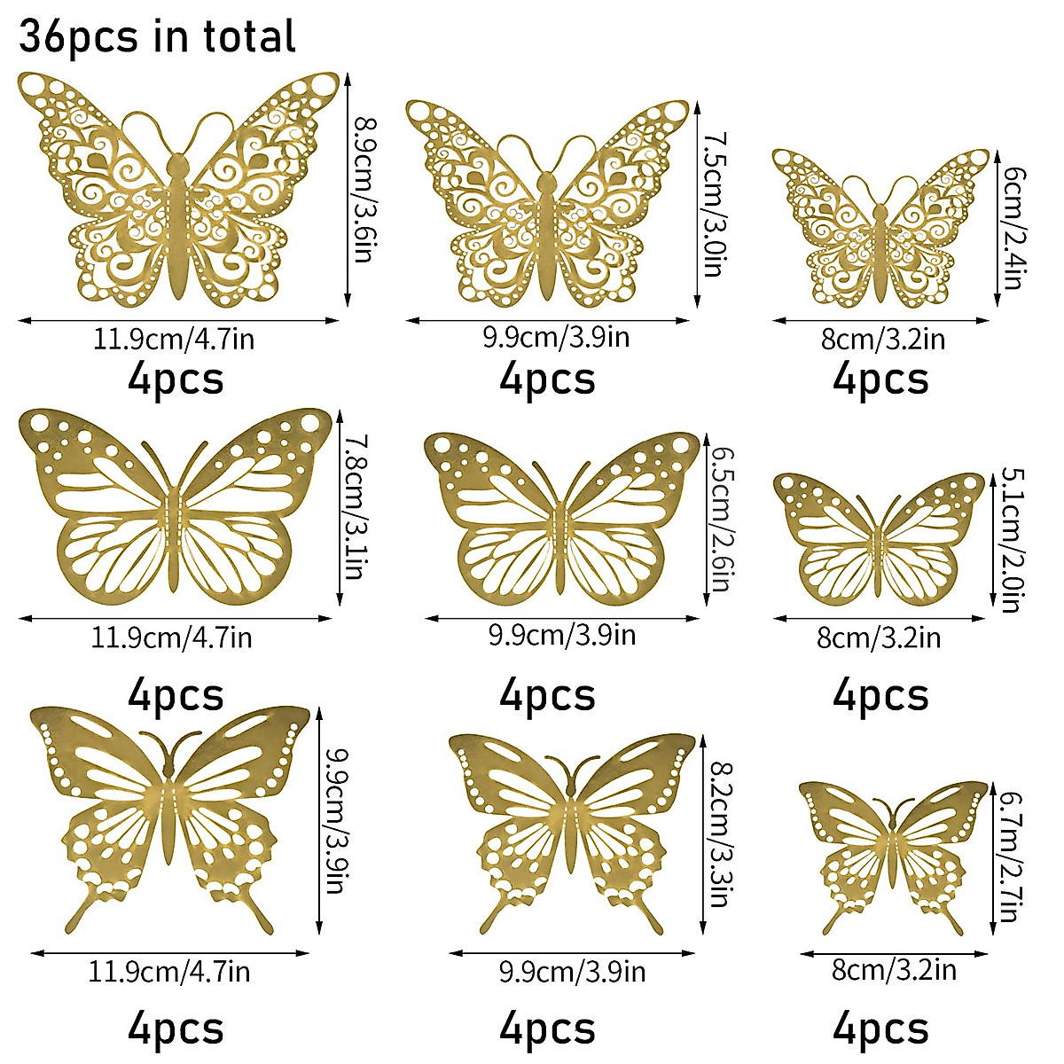 DIYASY Butterfly Wall Décor,36 Pcs Gold 3D Butterfly Stickers Decals for Room,Bedroom,Wedding and Nursery Decoration
