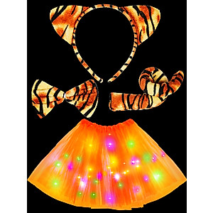 Retisee 4 Pcs Tiger Costume Set Includes Tiger Ears Headband, Tiger Tail, LED Orange Tutu Skirt and Bow Tie for Kids Halloween Cosplay Glow in the Dark Animal Fancy Costume Party