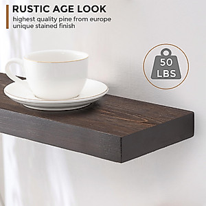 Fun Memories Handcrafted European Pine Floating Shelves Wall Mounted Set of 2 - Natural Rustic Wooden Wall Shelf - Storage Shelf for Living Room Farmhouse - Dark Walnut - 16Inch