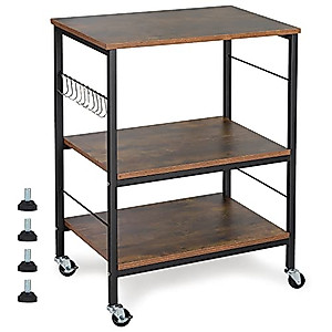 Nightstands, Industrial Microwave Oven Stand Kitchen Baker's Rack End Table 3 Tier Storage Shelf with 10 Hooks for Living Room, Kitchen, Bathroom, Cafe(Rustic Brown)