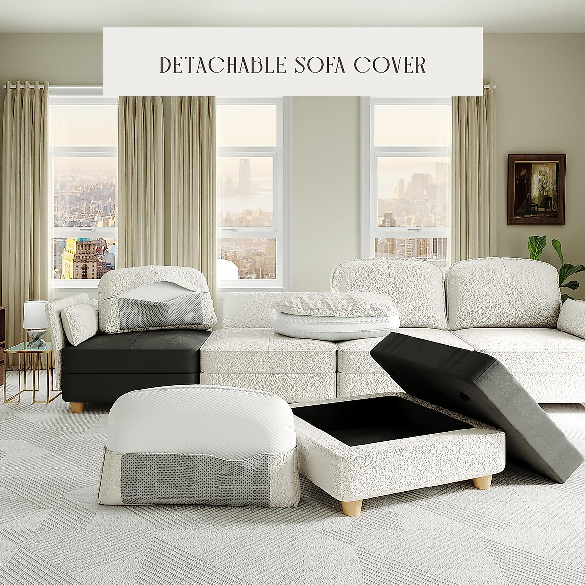 LLappuil Oversized Sectional Couch with Storage, Extra Large U Shaped Sofa Set with Reversible Chaise,113.5 Inch Width, 10 Seat Modular Sofa Sectional for Living Room, Off White, Teddy Velvet