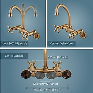 Aolemi Wall Mount Kitchen Faucet 6 Inch Center with Swivel Spout Adjustable Spread 2 Cross Handle Basin Sink Mixer Tap, Antique Brass, H&C Label