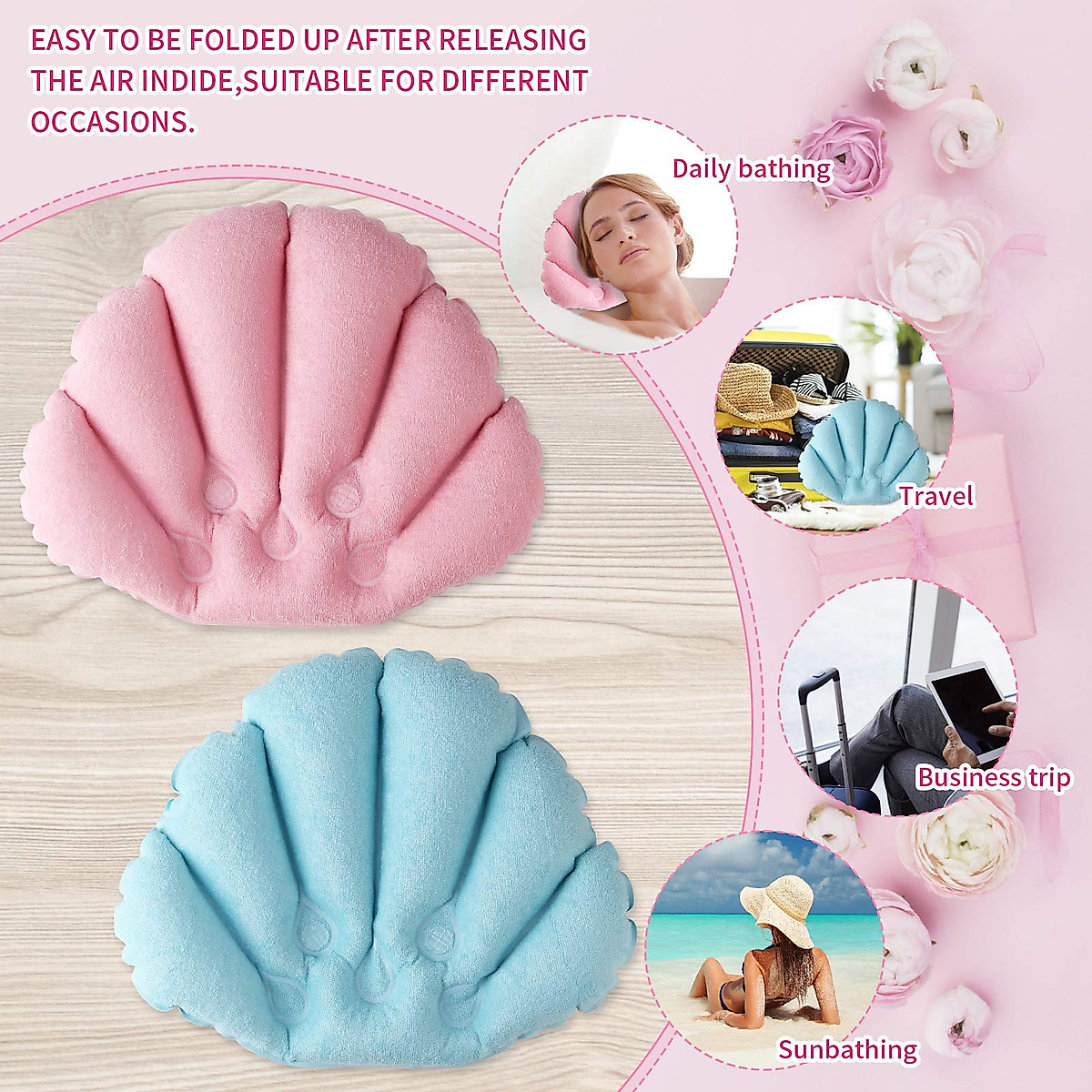 sansheng Inflatable Bath Pillow,Bath Pillows for Tub (10x12inch) Bathtub Pillow Headrest Terry Cloth with Suction Cups Inflated Neck Support for Bathtub（Pink and Blue） 2 Pack
