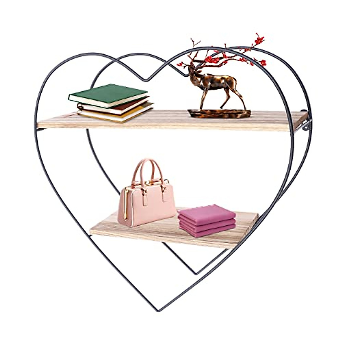 DYRABREST Heart Metal Wall Shelf 2-Tire Iron Wood Floating Shelves Storage Hanging Shelf Display Storage Organizer for Modern Bedroom Bathroom Kids Room Decoration Gifts