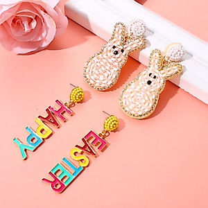 Easter Earrings Beaded Bunny Egg Letter Dangle Earrings for Women Cute Pom Pom Rabbit Holiday Earrings Festive Jewelry Party Gifts (Easter Bunny)