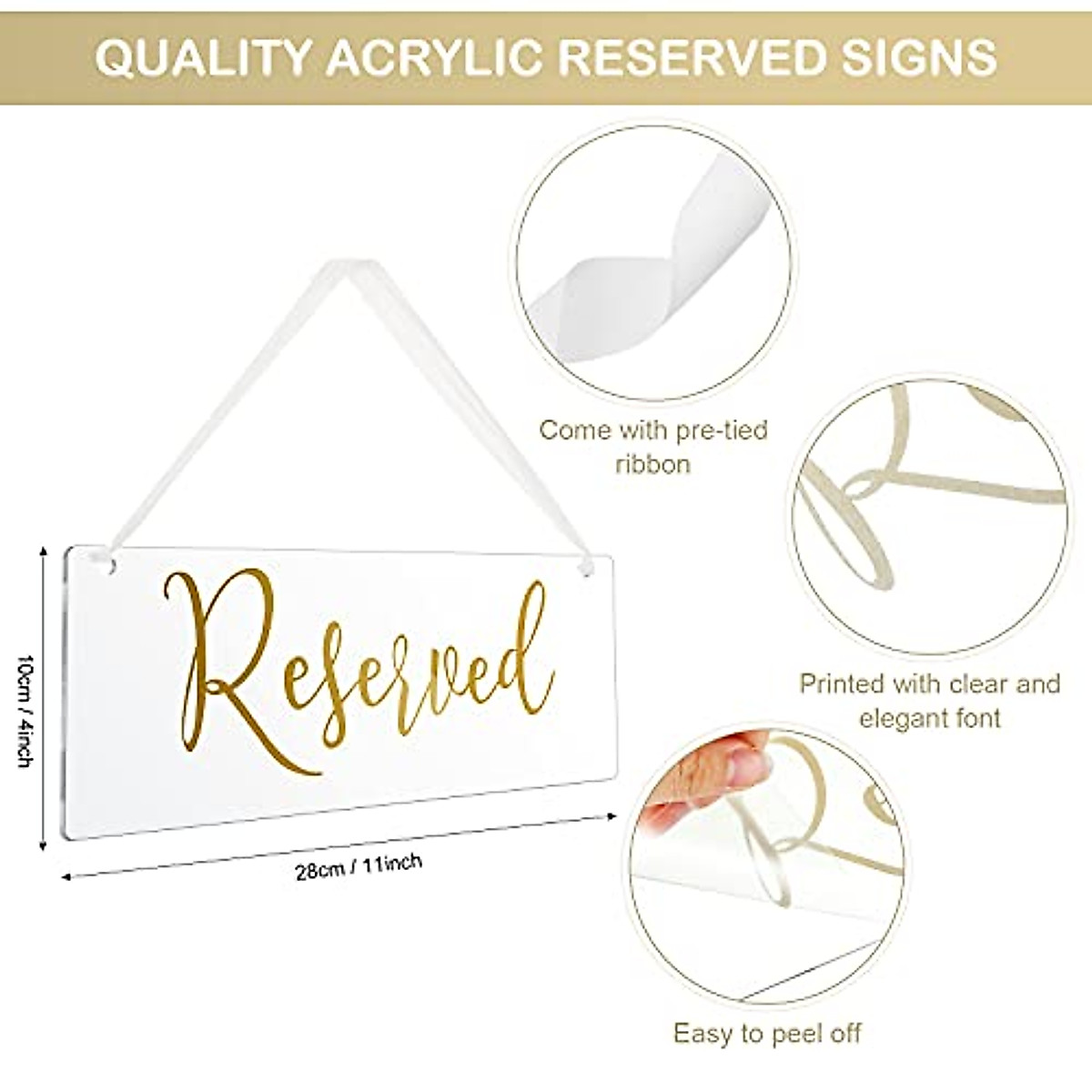 6 Pcs Reserved Signs for Wedding Chairs Reserved Chair Signs Reserved Hanging Sign Reserved Signs for Wedding Reserved Seating Signs for Chairs Acrylic Handmade Seat Signs with Ribbon(Gold)