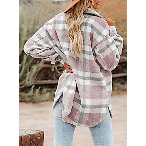 Dokotoo Womens Flannel Shirt Fashion Plaid Button Down Long Sleeve Shirts for Women Turn Down Collared Shacket Jacket Comfy Winter Coats for Ladies Tops with Pockets Pink Large
