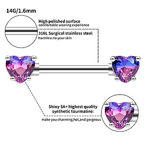 Excepro 2PCS 14G Nipple Rings 316L Surgical Stainless Purple Heart CZ Nipple Piercing for Women Nipple Barbells Nipple Piercings Body Jewelry