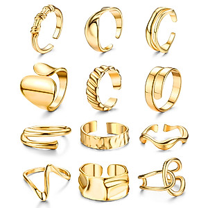FIBO STEEL 12PCS Gold Chunky Rings for Women, 18K Gold Plated Thick Rings, Stacking Open Rings Set Adjustable Gold