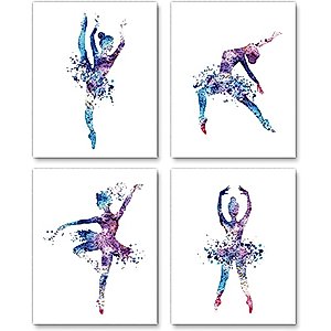 Watercolor Ballet Prints Ballerina Dancers Wall Art Woman Dancing Decor Girls Room Women Bedroom Decor Colorful Poster Classroom Decoration Elegant Gift for Girls (8x10 inch，Set of 4，Unframed)
