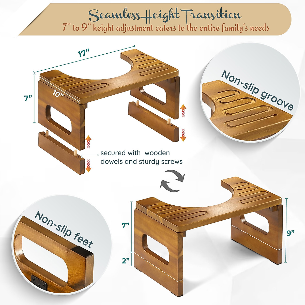 BLUEWEST Foldable Toilet Stool, 7'' and 9'' Adjustable Heights Acacia Wood Poop Stool for Potty Training,Durable Collapsible Bathroom Stool, Adjustable Height for Family Members with Non-Slip Layer