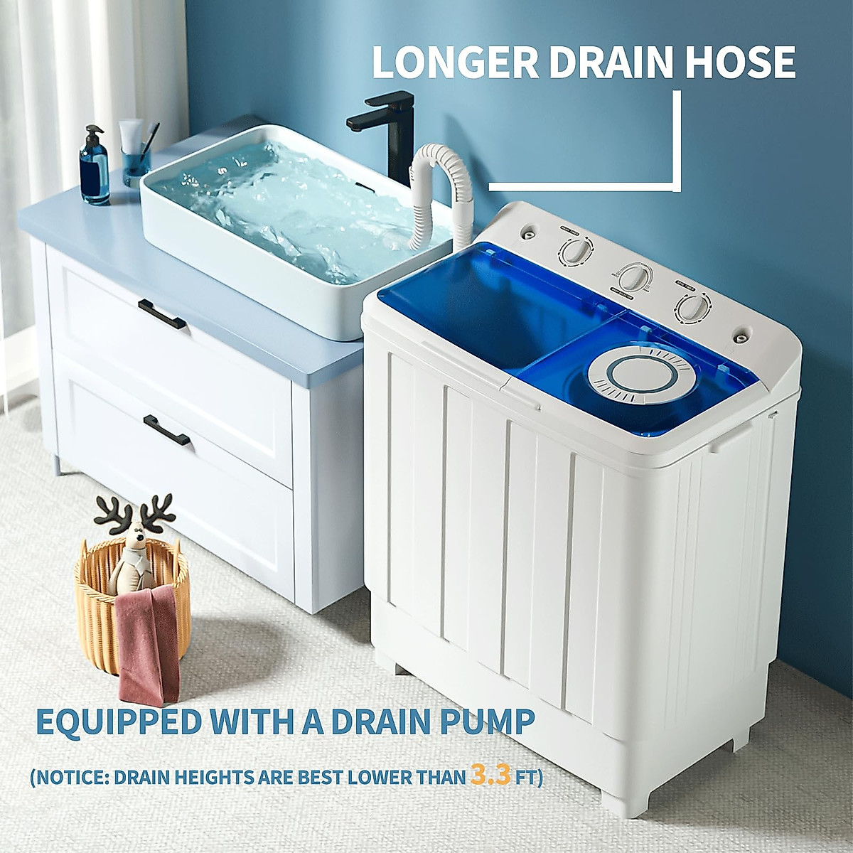 VCJ Portable Washing Machine, Twin Tub Washing Machine Laundry Compact Washer spinner Combo with 28lbs capacity, 18Lbs Washer and 10Lbs Spinner dryer for Apartments RVs and Dorms