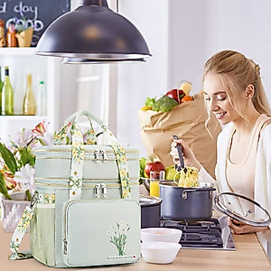 HSHRICH Insulated Lunch Bag for Women/Men, Dual Compartment Waterproof Reusable Large Lunch Box for Adlut Wide-Open Tote Cooler Bag For Working Picnic Hiking (16L, Green-Flowers)