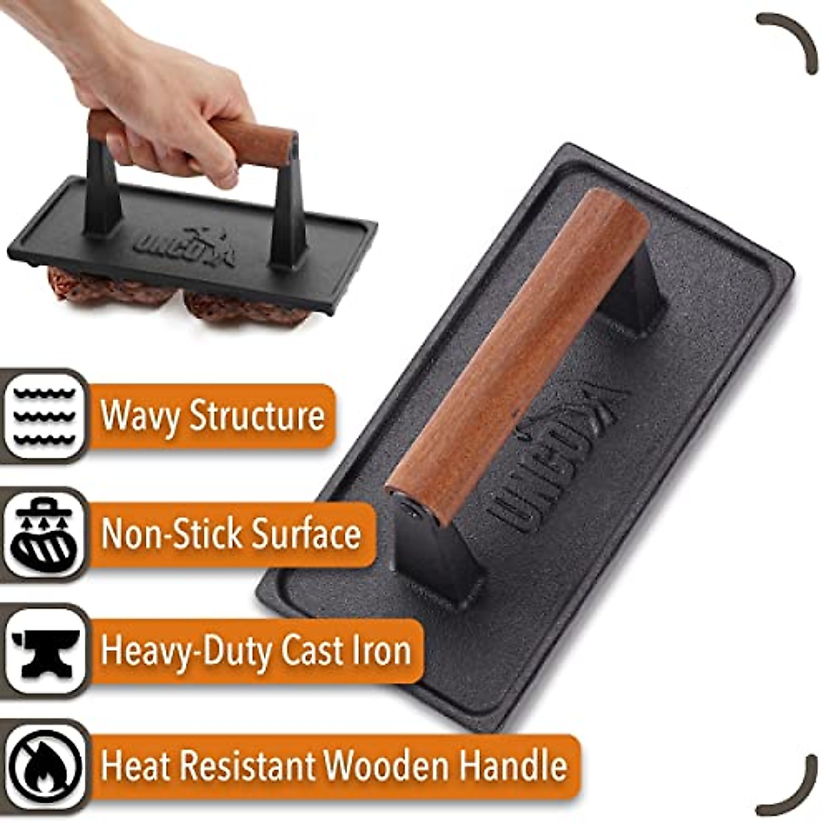 UNCO- Cast Iron Grill Press, 8.5 x 4.1 Inch, 2.6 lbs, Burger Press for Griddle, Sandwich Press, Bacon Press for Griddle, Griddle Press, Meat Press Cast Iron, Hamburger Press for Griddle