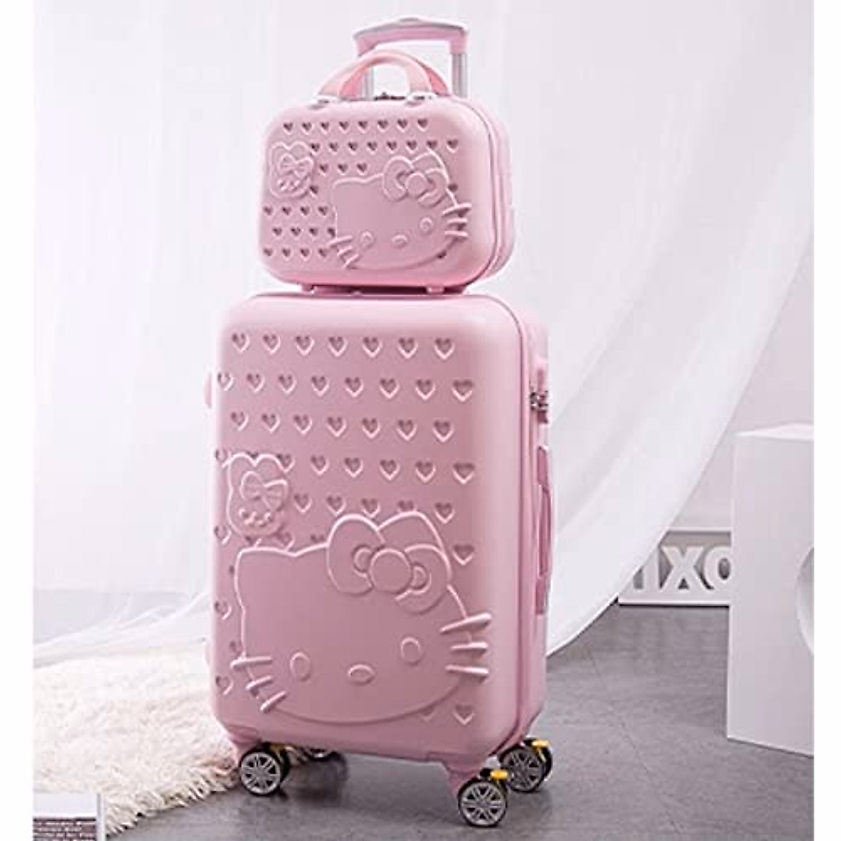 MUNROU Hello Girls Kitty Rolling Luggage Cute Pink Hardshell Carry On Suitcase with Wheels