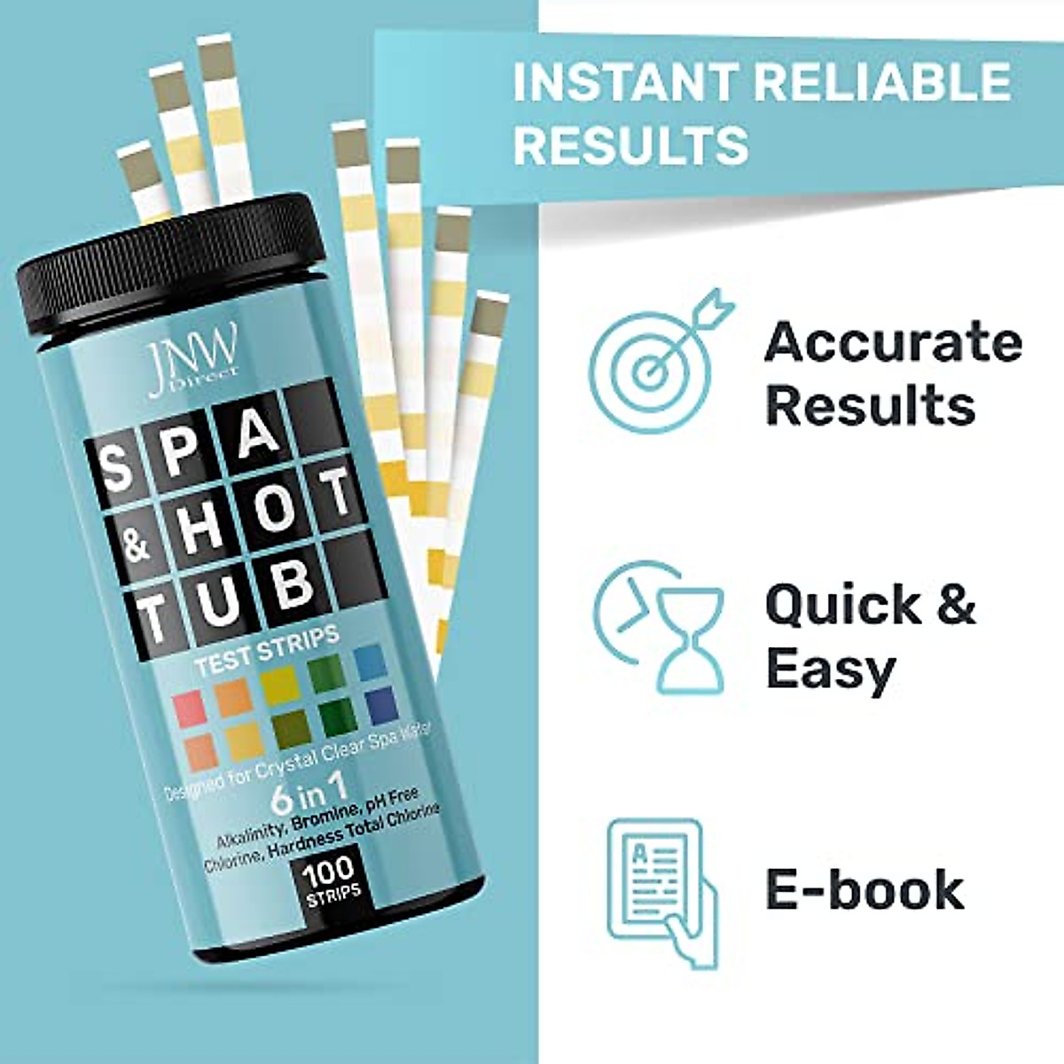 Hot Tub Test Strips - 6in1 Quick & Accurate Spa Test Strips for Hot Tubs - 100 Water Test Strips, Hot Tub Water Test Kit with E-Book - Test Chlorine, Bromine, pH, Hardness, Alkalinity - JNW Direct