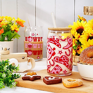 Whaline Western Cowgirl Beer Can Glass Cowgirl Drinking Glasses 16oz with Bamboo Lid Glass Straw and Cleaning Brush Cowboy Boots Disco Drinking Glass Boho Preppy Coffee Decor Gift Idea,2 Pack