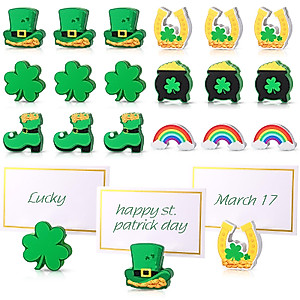 Kigley 18 Pcs St. Patrick Wooden Place Card Holder and 25 Pcs Gold Foil White Card Shamrock Wooden Table Sign Picture Number Sign Stands Holder for Spring Wedding Party Events