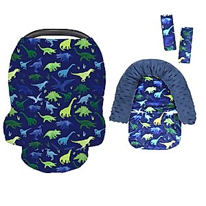 Baby Car Seat Cover & Carseat Headrest and Strap Covers, Dinosaur Carseat Cover Boys, Strollers Head Support & Seat Belt Cover, Soft Breathable