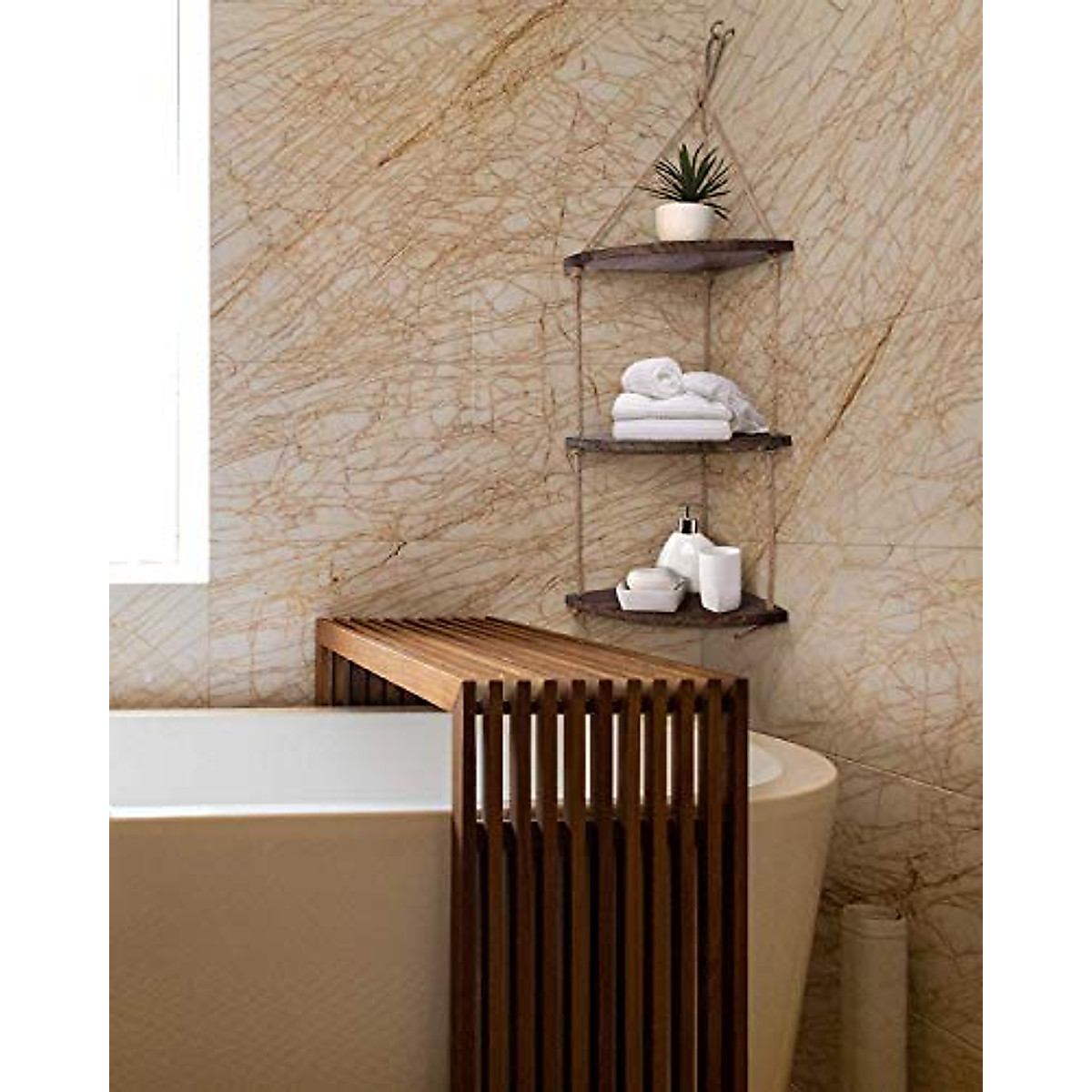 TIMEYARD Hanging Shelf Corner Wall Shelf, 3 Tier Distressed Wood Shelves with Jute Rope, Farmhouse Storage Organizer Rack Rustic Home Decor for Living Room Bedroom Bathroom Kitchen