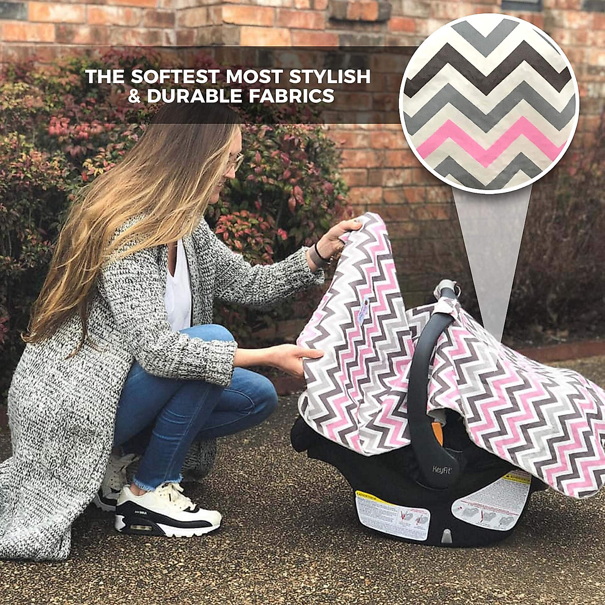 Baby Carseat Canopy Cover-Breathable Infant Car Seat Cover Helps Protect Babies-Our Baby Car Seat Covers Also Double as a Nursing Cover, High Chair Cover & Playmat-Pink & Gray Chevron with Gray Minky