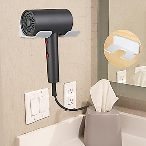 COMNICO Hair Dryer Holder Wall Mounted Self Adhesive Blow Dryer Hanger Hook with Plug Cord Organizer Rack for Bathroom Cabinet Door, Compatible with Most Hair Dryers (White)