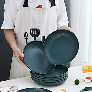Kyraton 9 Inch Large Deep Plastic Plates 8 Pieces, Unbreakable And Reusable Light Weight Dinner Plates Pasta and Dumpling Bowl Microwave Safe BPA Free Dishwasher Safe (Dark Green)