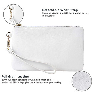 befen Genuine Leather White Wristlet Clutch Cell Phone Wallet Purse for Women, Smartphone Wristlet Bag Purses and Handbags - Fit iPhone 14 Pro Max