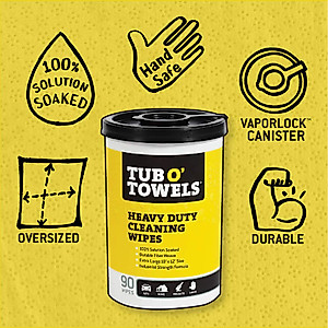 Tub O Towels TW90 Heavy-Duty 10" x 12" Size Multi-Surface Cleaning Wipes, 90 Count Per Canister