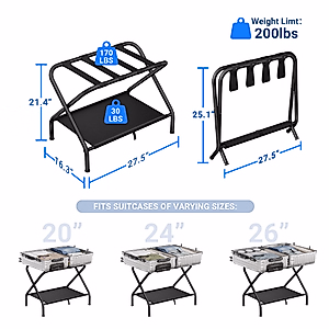 Jsluiiys Luggage Rack, Folding Luggage Stand, Collapsible Metal Luggage Holder, Heavy-Duty Suitcase Stand with Storage Shelf, Luggage Racks for Guest Room, Bedroom, Hotel Space Storage Rack, Black