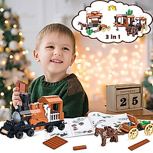 3in1 Train Horse Carriage Building Kit, Horse Stable and Animal Horses, Inn and Carriage with Horn Decoration, Creative Western Cowboy Themed Gifts for Boys Ages 6 Years and Up, 212 Pcs