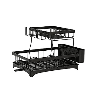 HERJOY Dish Drying Rack, Detachable 2 Tier Dish Rack and Drainboard Set, Large Capacity Dish Drainer Organizer Shelf with Utensil Holder, Cup Rack for Kitchen Counter, Black