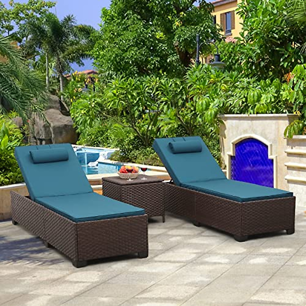 Outdoor Wicker Chaise Lounge Set, Patio, Poolside PE Rattan Lounge Chairs, Adjustable Reclining Chaise Loungers with Cushions and Matching Storage Table, Peacock Blue