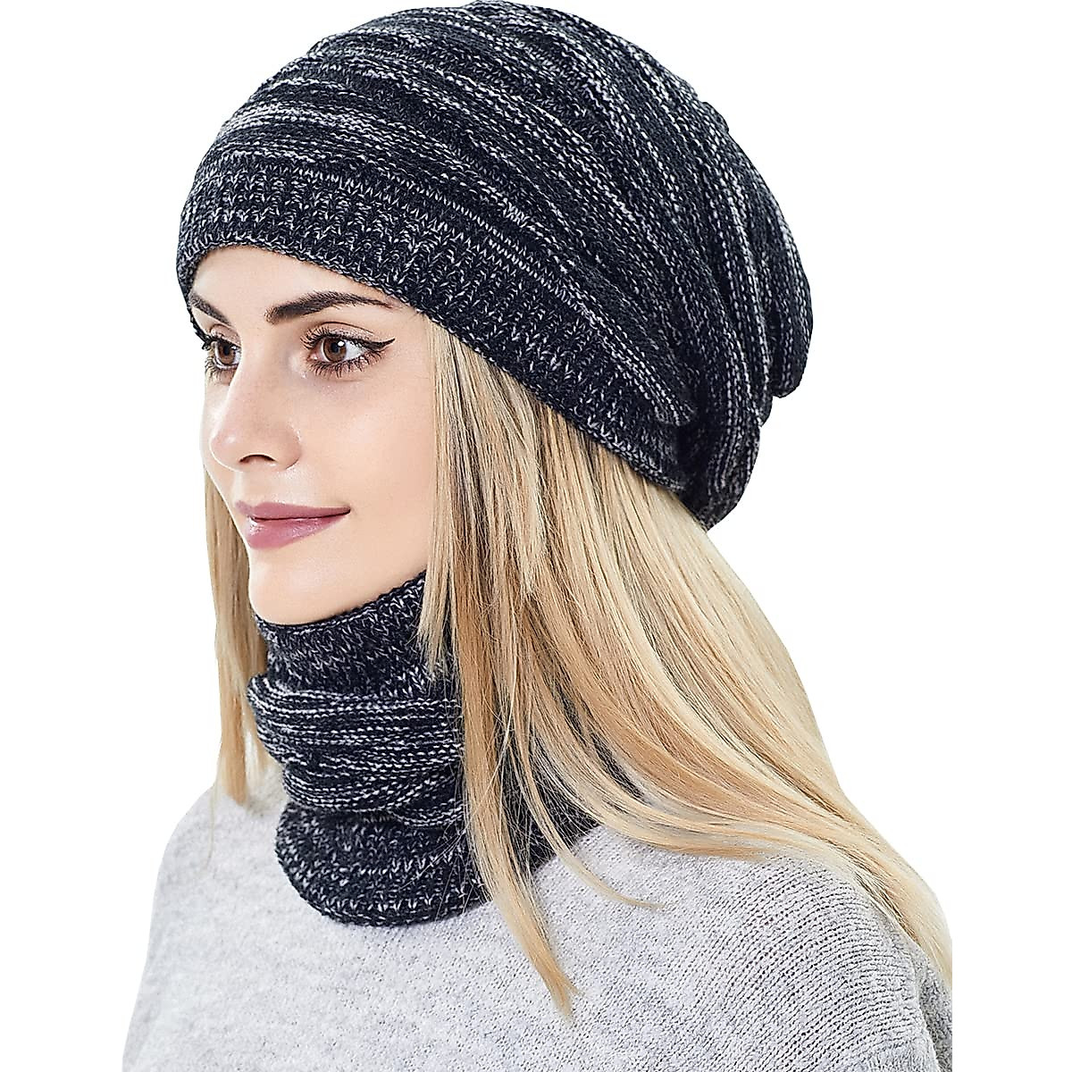 Womens Slouchy Beanie and Scarf Set for Girls Warm Knit Winter Ski Hat with Fleece Lined (BLACK)