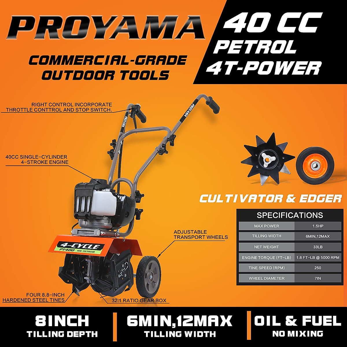 PROYAMA Garden Tiller Gas Powered, 40cc 4-Cycle Gas Tiller and Cultivators, 2 in 1 Cultivator with Edger, Adjustable Width and Depth