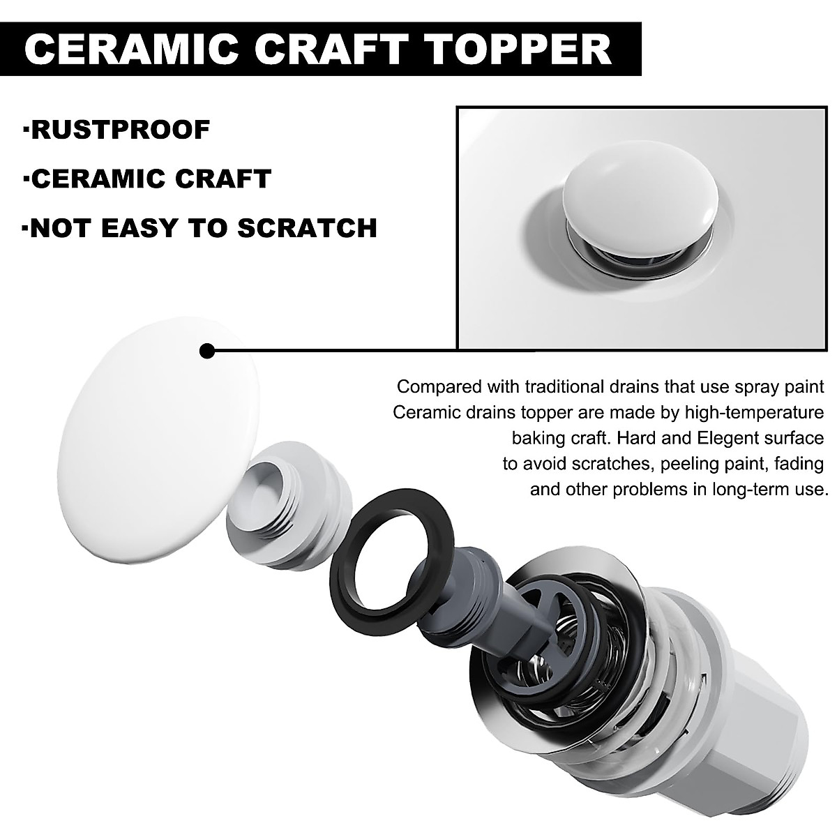 Mixbatt Bathroom Sink Drain kits with Ceramics stopper Pop Up Sink Drain Rustproof Vessel RV Sink Drain with Anti Odor Anti Clogging Scratch Resistant for Kitchen 1-1/4'' & 1-1/2'' Drain Hole