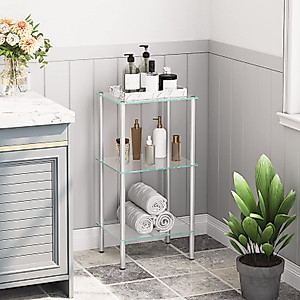 HOOBRO Glass Shelf, 3 Tier Standing Shelf Unit, Durable Glass Shelving Stand for Small Space, Space-Saving, for Bathroom, Bedroom, Home Office, Tempered Glass, Steel Frame, Silver SV03CJ01